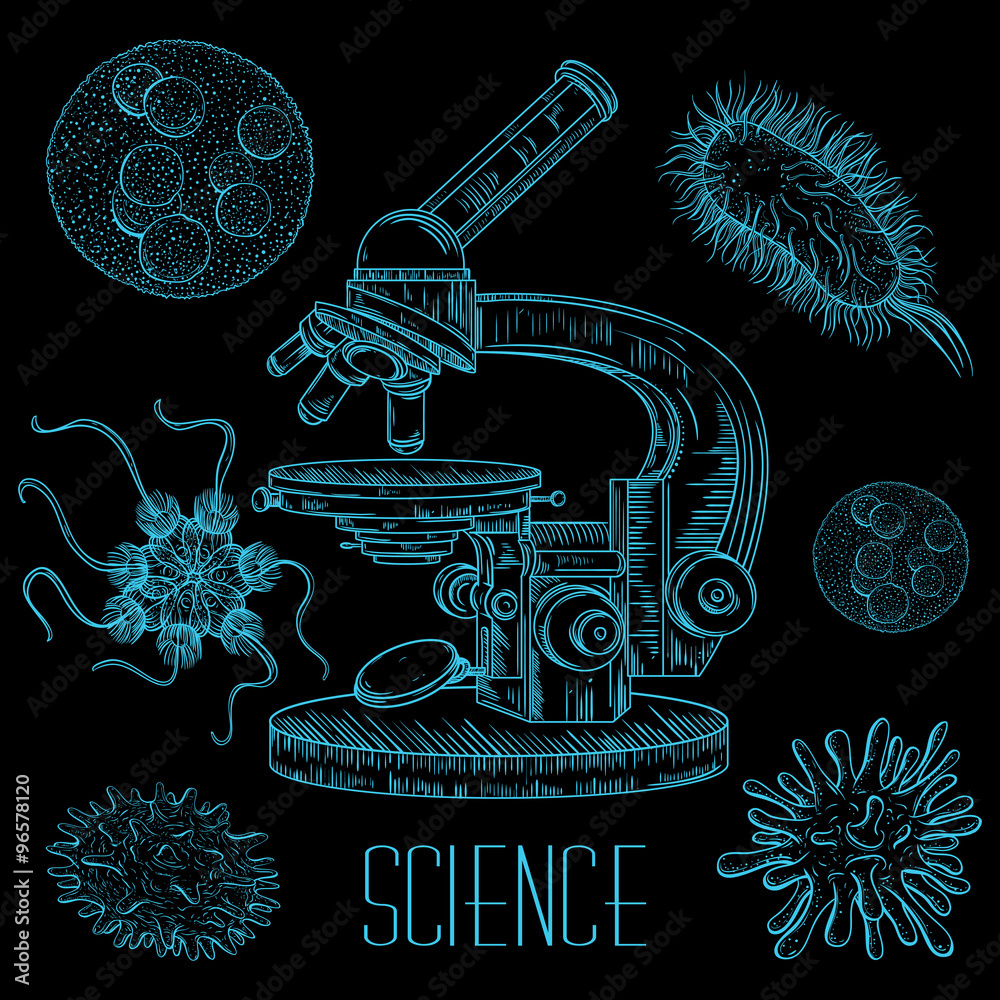 Vintage science laboratory set with microscope and microbes and viruses ...