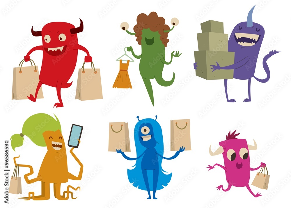 Cartoon cute monsters shopping vector Stock Vector | Adobe Stock