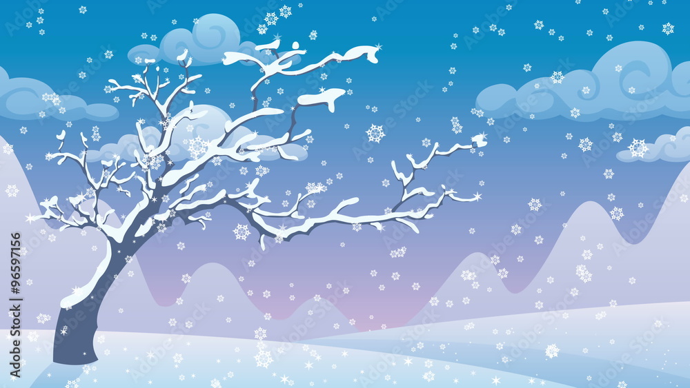 Winter Landscape / Cartoon winter landscape with falling snowflakes ...