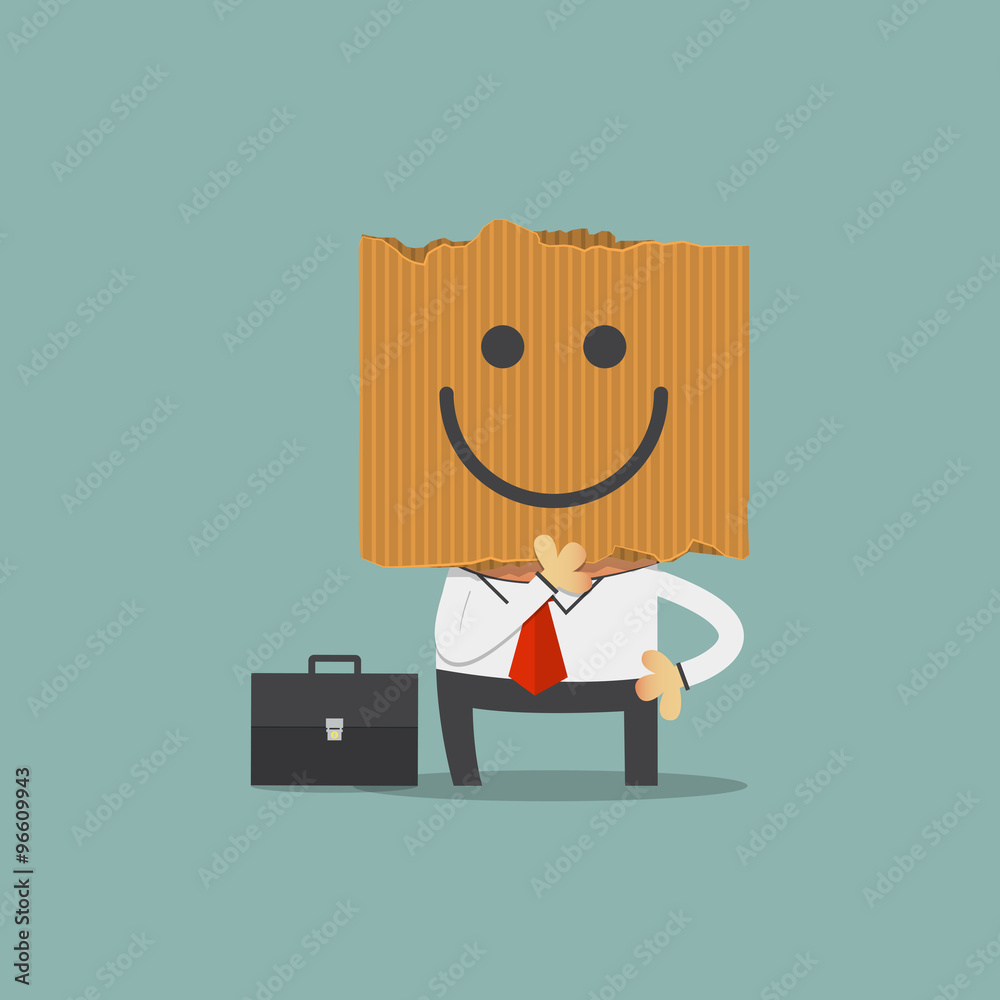 Businessman hide his real face by holding happiness imoticon cardboard ...