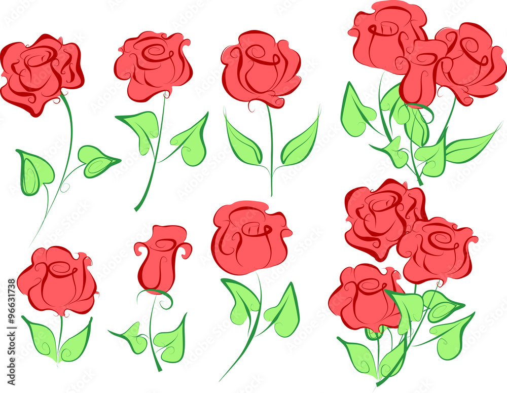 Vector set of roses in cartoon style. Stock Vector | Adobe Stock