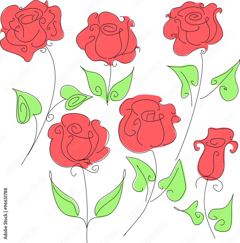 Vector set of roses in cartoon style. Stock Vector | Adobe Stock