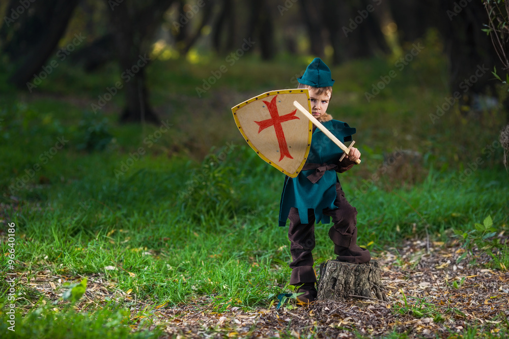 Cute little boy dressed as a knight playing in the forest Stock Photo ...
