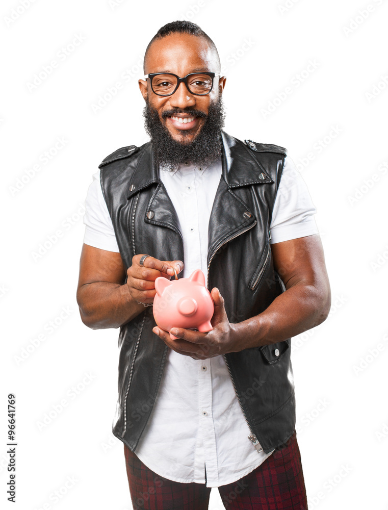 black man saving with piggy bank Stock Photo | Adobe Stock