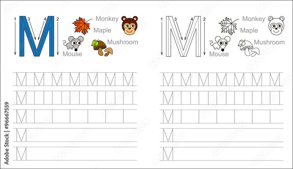 Tracing worksheet for letter M Stock Vector | Adobe Stock