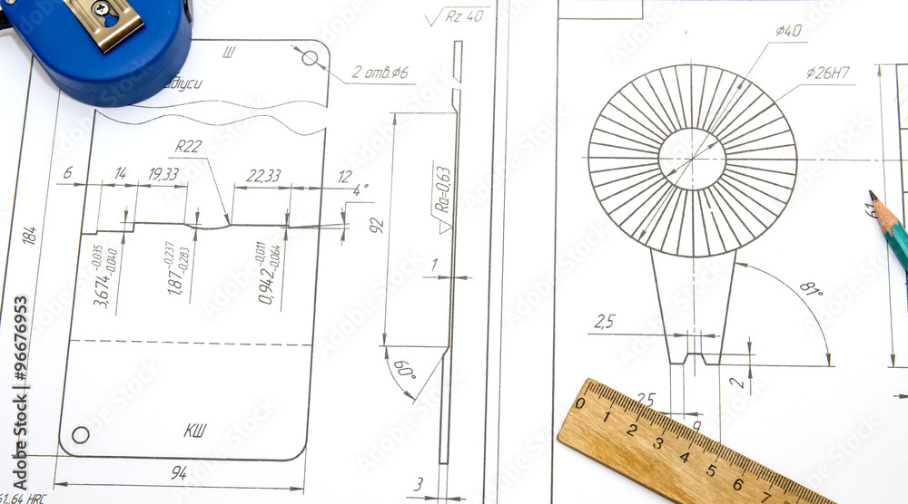 Pencil, ruler and engineering drawings Stock Photo | Adobe Stock