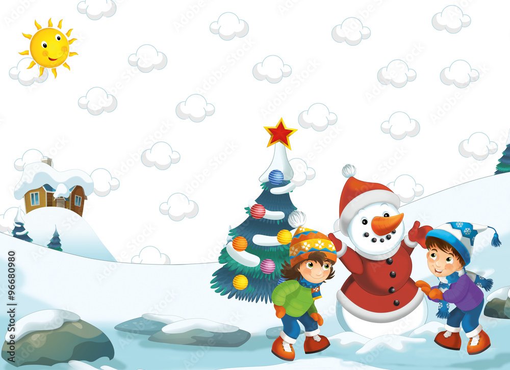 Cartoon happy winter scene - boy and girl making a snowman ...