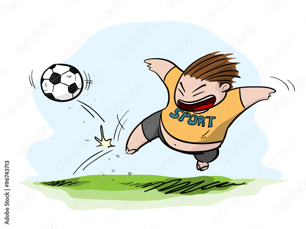 Fat Kid Playing Football/Soccer, a hand drawn vector illustration of a ...