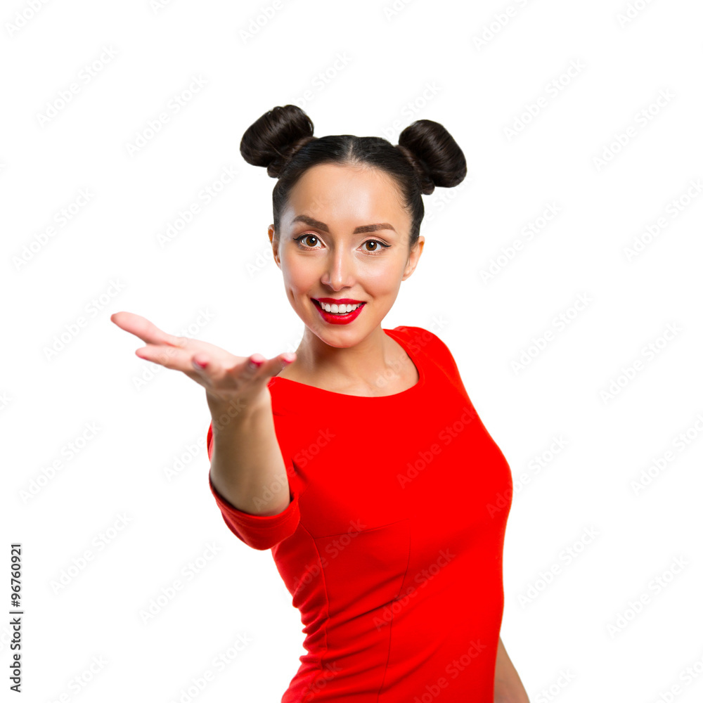Young beautiful woman throws something, isolated on white Stock Photo ...