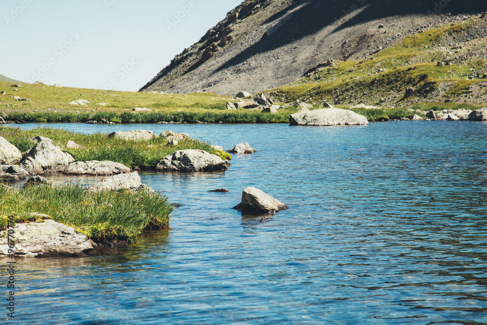 Backpacking in the mountains in the Caucasus, the Agur lake Stock Photo ...