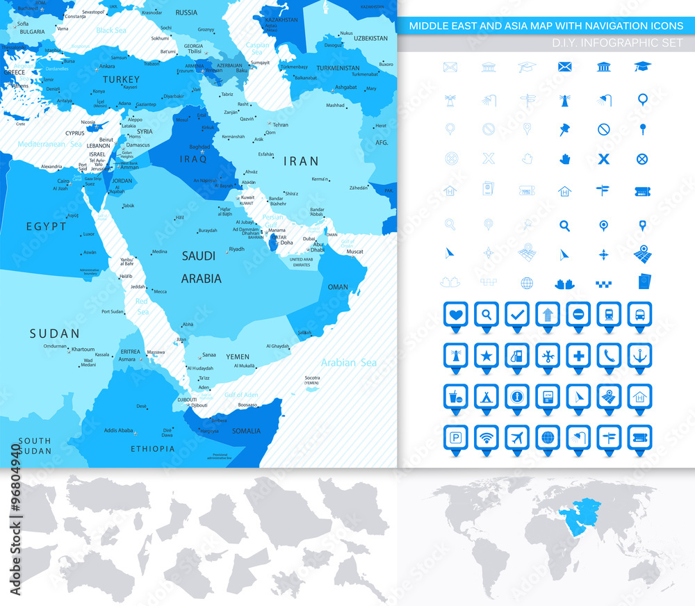 Middle East and Asia Map with Navigation Icons Stock Vector | Adobe Stock
