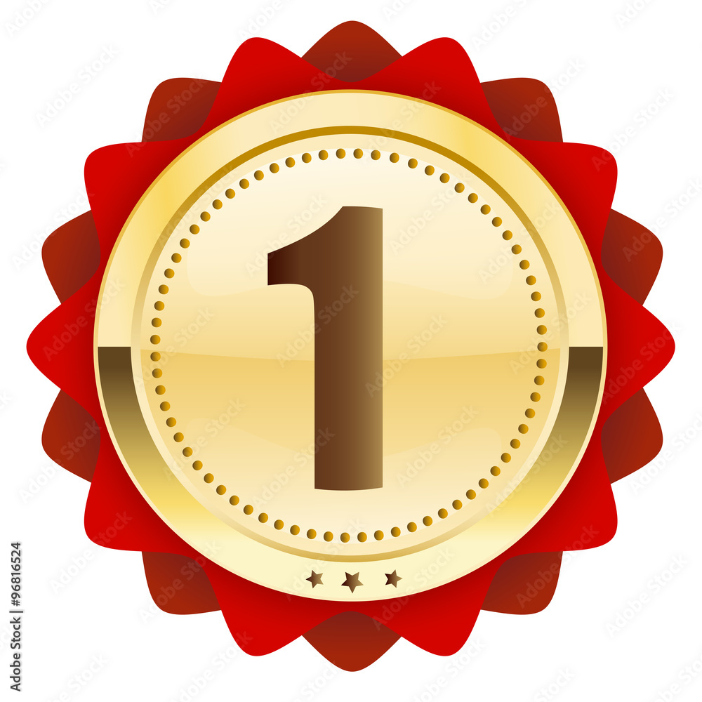 First place seal or icon. Glossy golden seal or button with red color ...