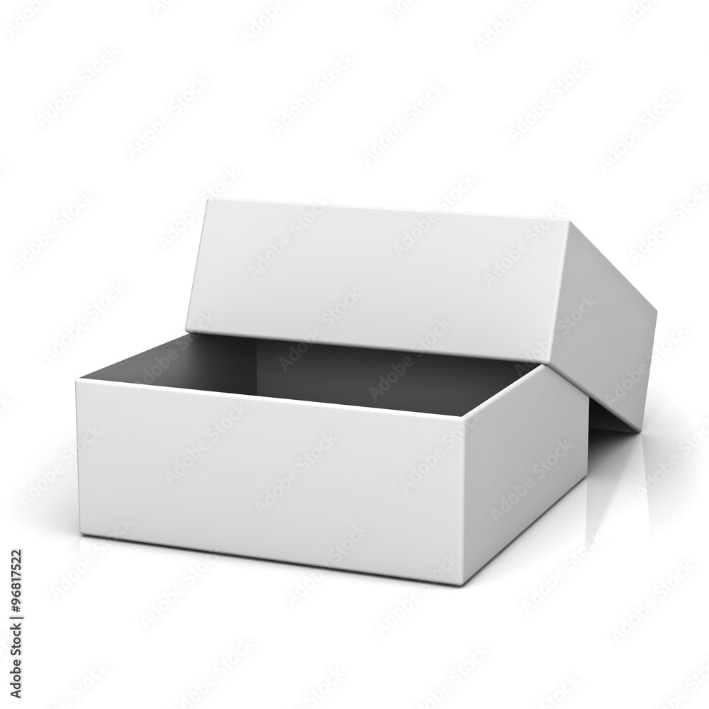 Blank open box with lid on white background with reflection Stock ...