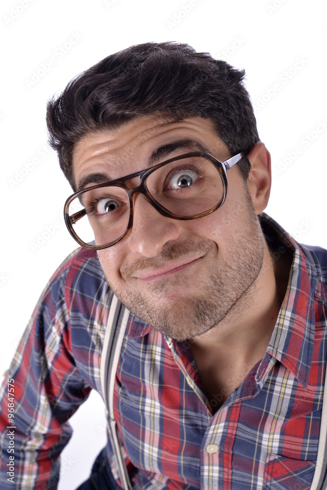 stupid and funny face expression of nerd with glasses Stock Photo ...
