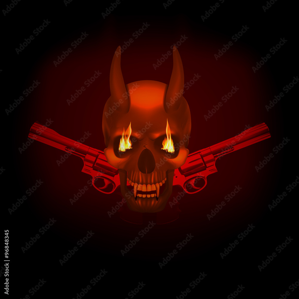 skull vampire with fangs flames and revolvers Stock Vector | Adobe Stock