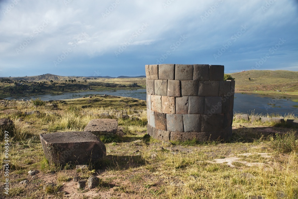 Tourist at the Silustani tombs in the peruvian Andes at Puno Peru Stock ...