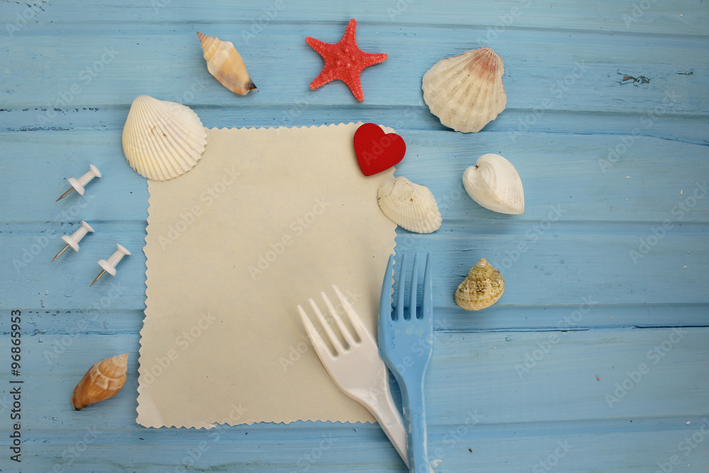 Fancy sea food concept menu with copy space for text - fork, shells ...