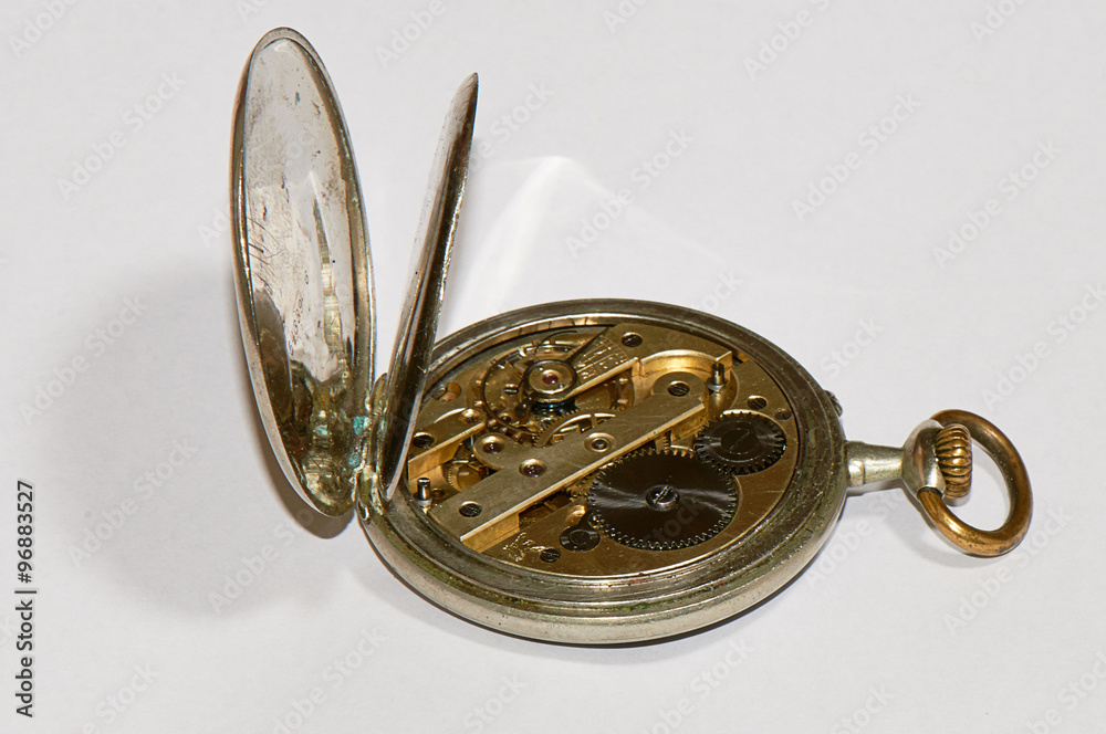 Vintage Pocket Watch, with open back, showing clockworks inside Stock ...