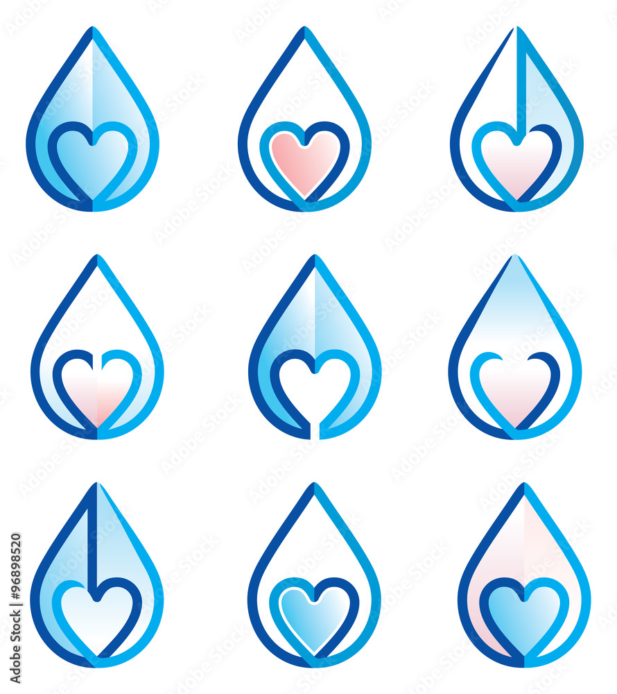 Hearts in drops. Vector set abstract sign. Stock Vector | Adobe Stock