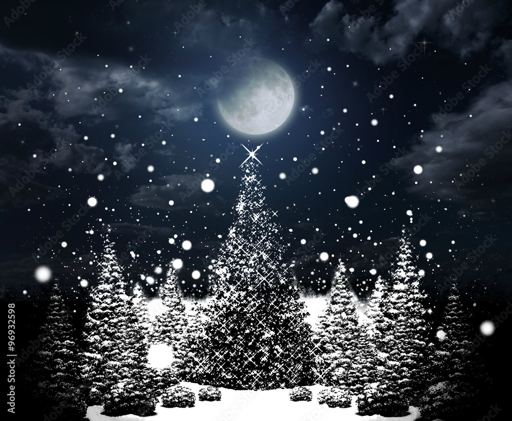 christmas trees with sparkiling stars on sky background with moon and ...