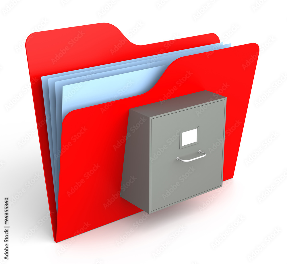 Red Folder with File Cabinet. Isolated White Background. 3D Rend Stock ...