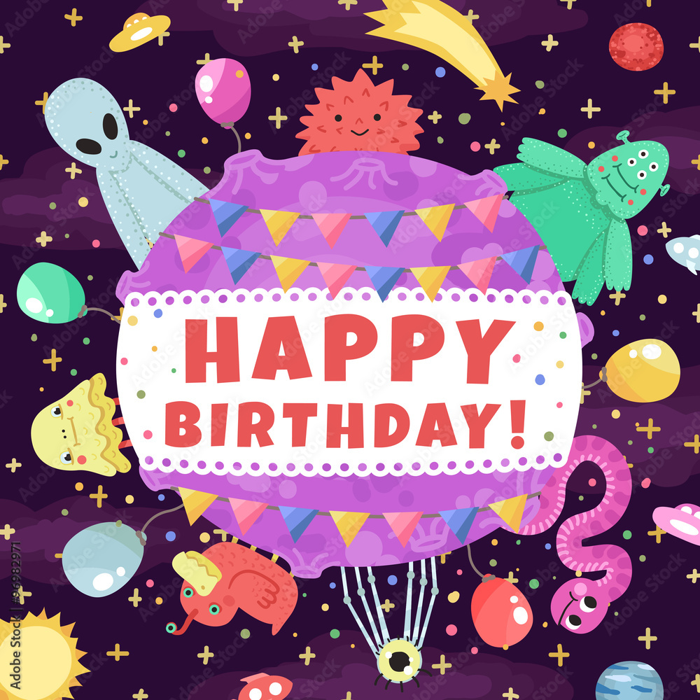 Happy Birthday funny and cute space greeting card (and background) with ...