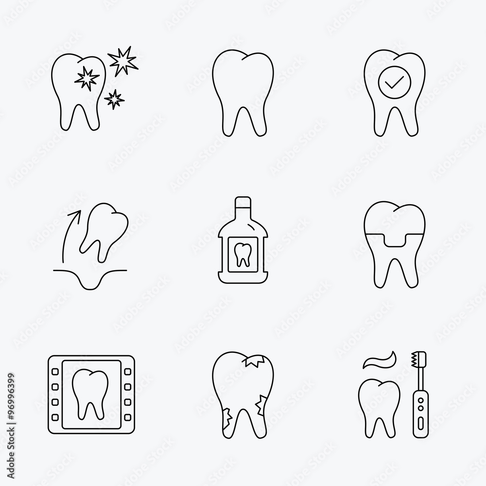 Tooth, dental crown and mouthwash icons. Caries. Stock Vector | Adobe Stock