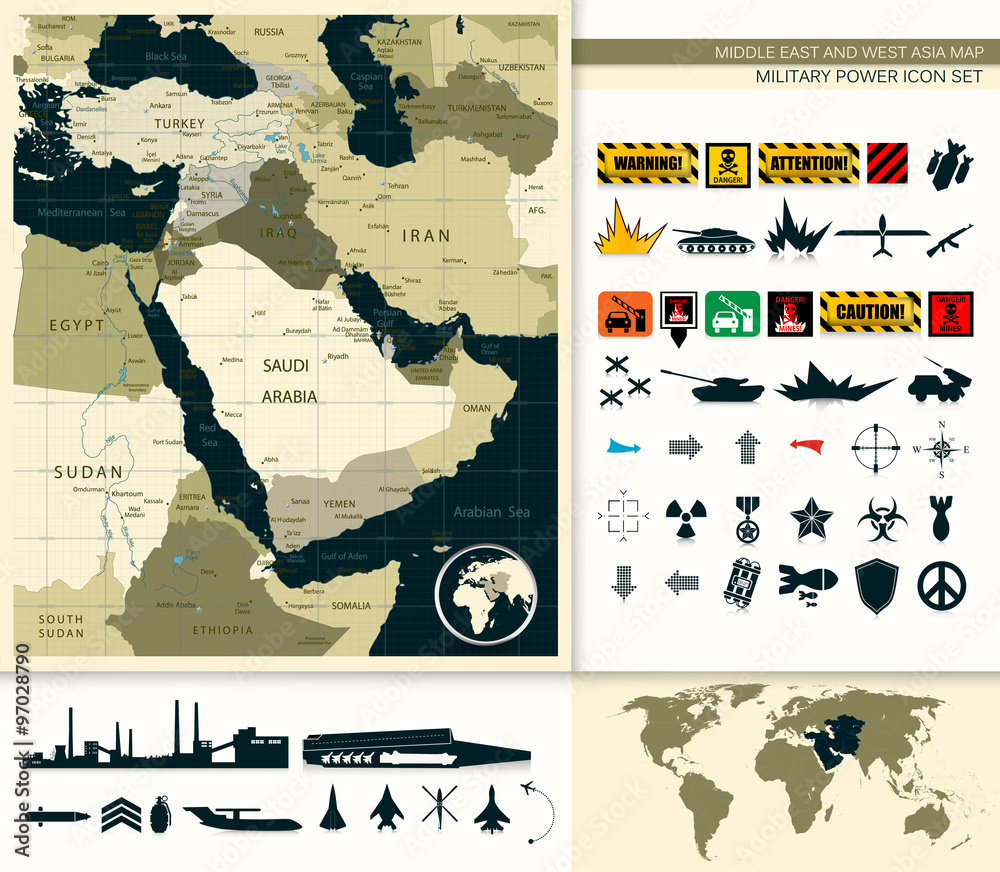 Map Of Middle East And Asia With A Military Power Icon Set Stock Vector ...