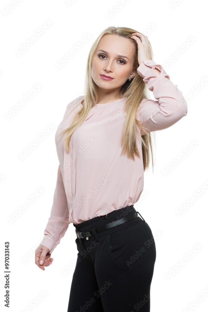 girl in pants and blous. Isolated on white background. body language ...