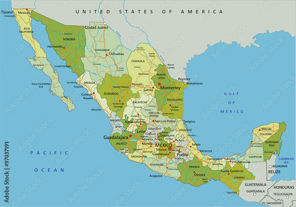 Highly detailed editable political map with separated layers. Mexico ...