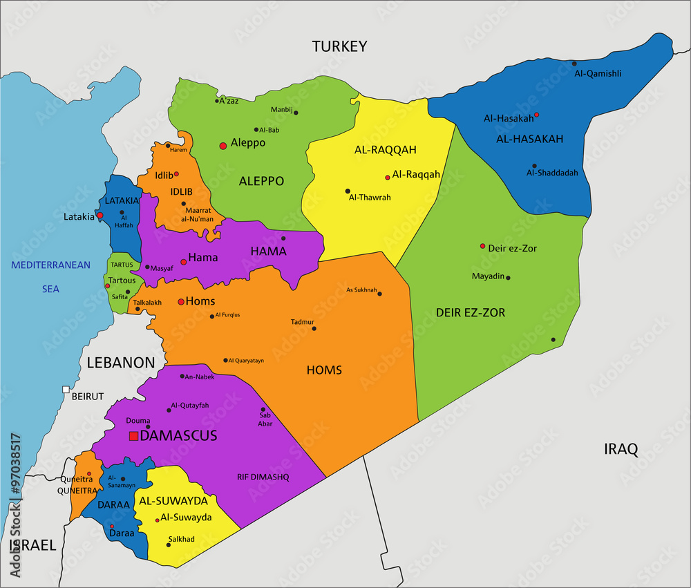 Colorful Syria political map with clearly labeled, separated layers ...