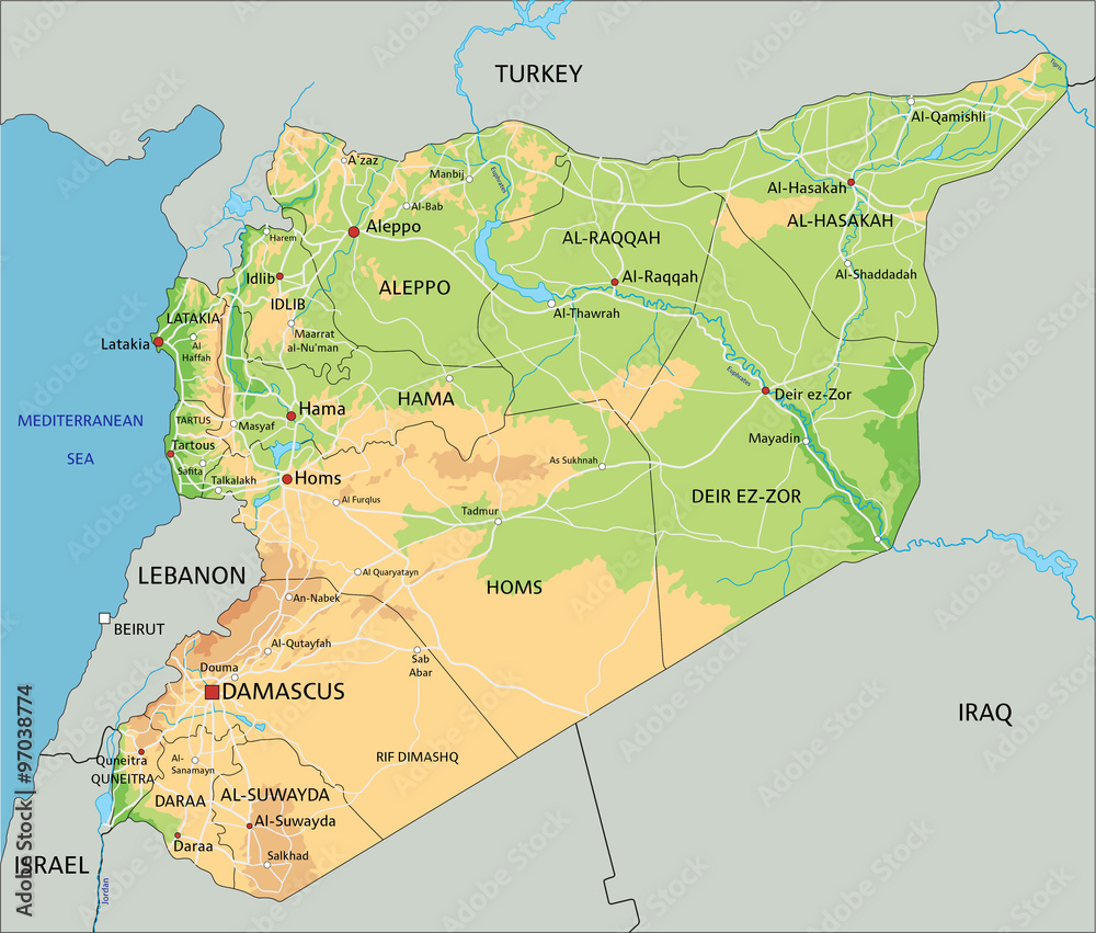 High detailed Syria physical map with labeling. Stock Vector | Adobe Stock