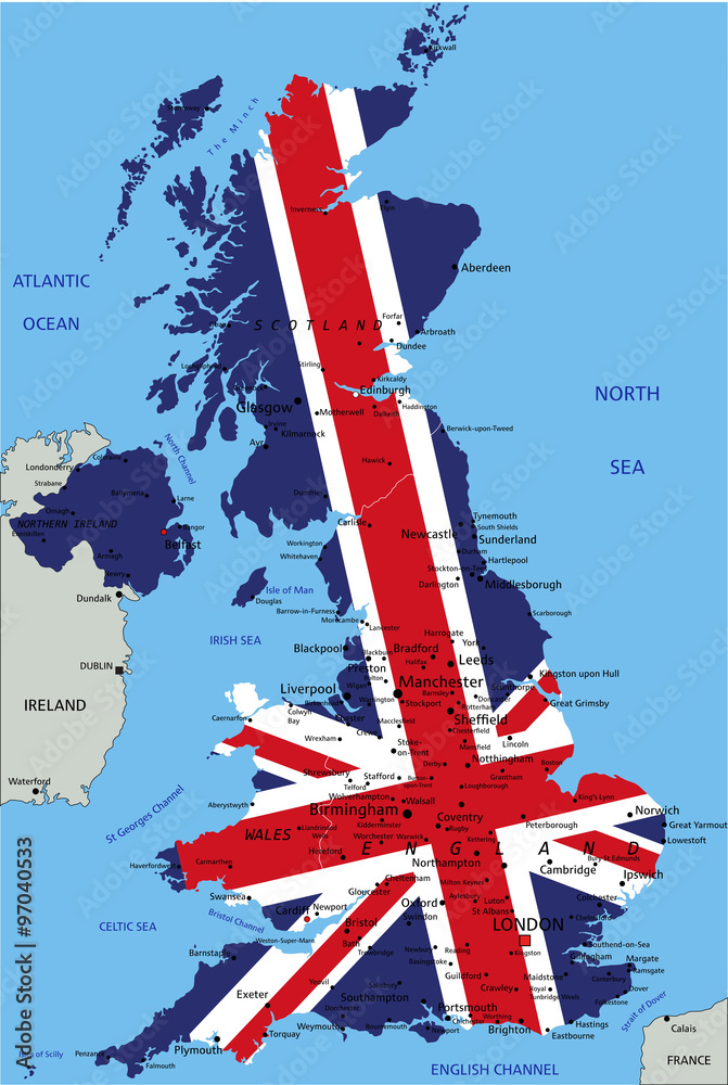 United Kingdom Highly Detailed Political Map With National Flag Stock