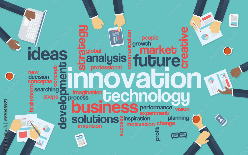 Technology innovation flat design infographics with word cloud. Global ...