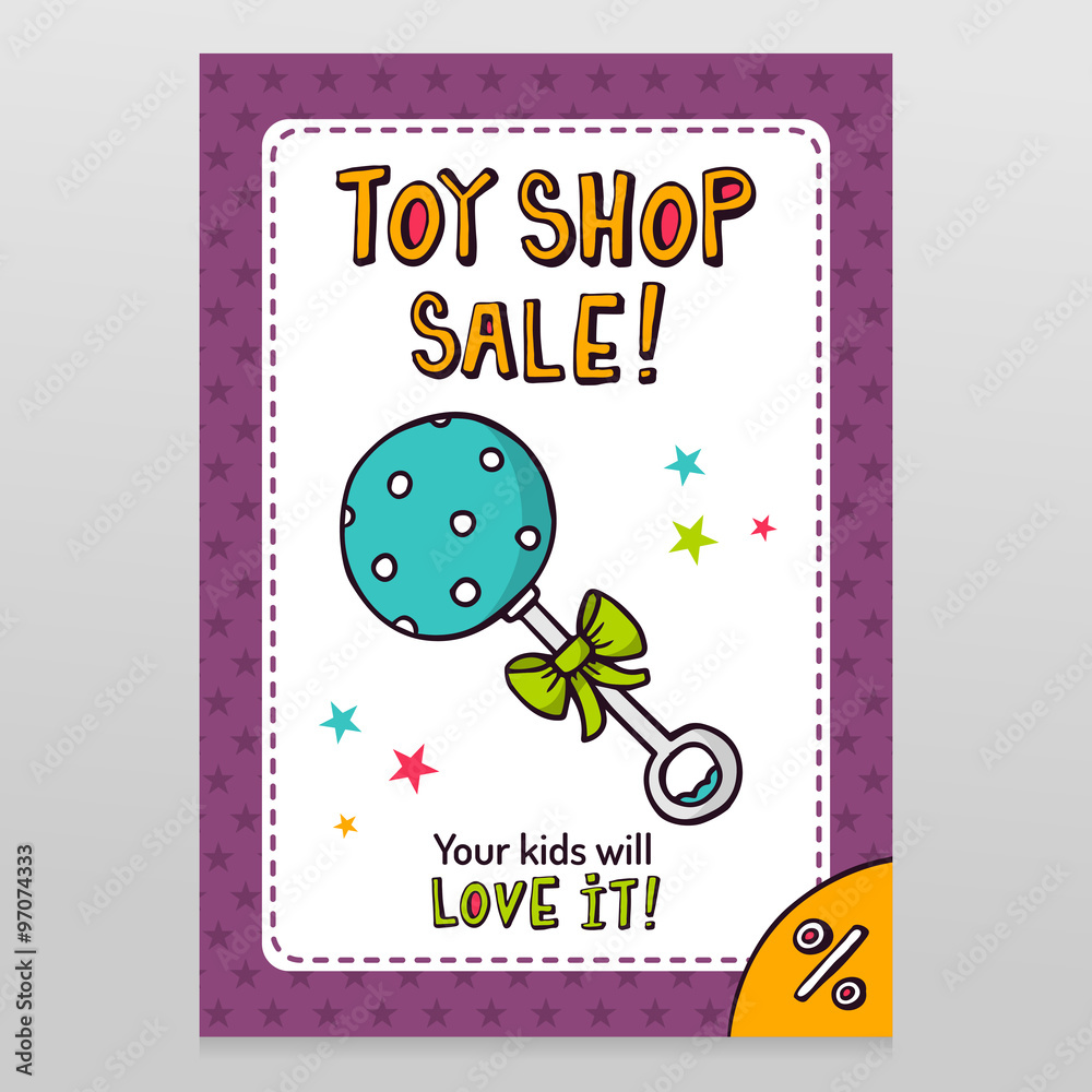 Toy shop vector sale flyer design with blue dotted rattle Stock 벡터 ...