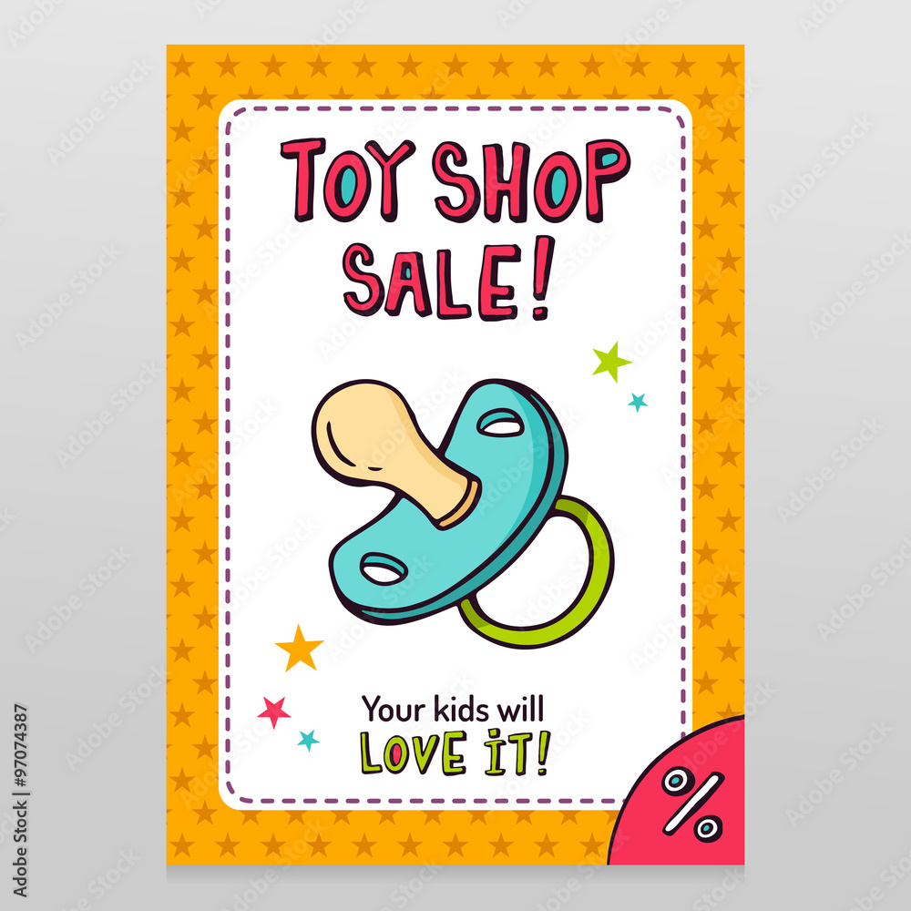Toy shop vector sale flyer design with pacifier Stock Vector | Adobe Stock