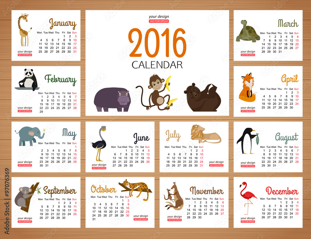 desk calendar vector print template with zoo animals. Cartoon design ...