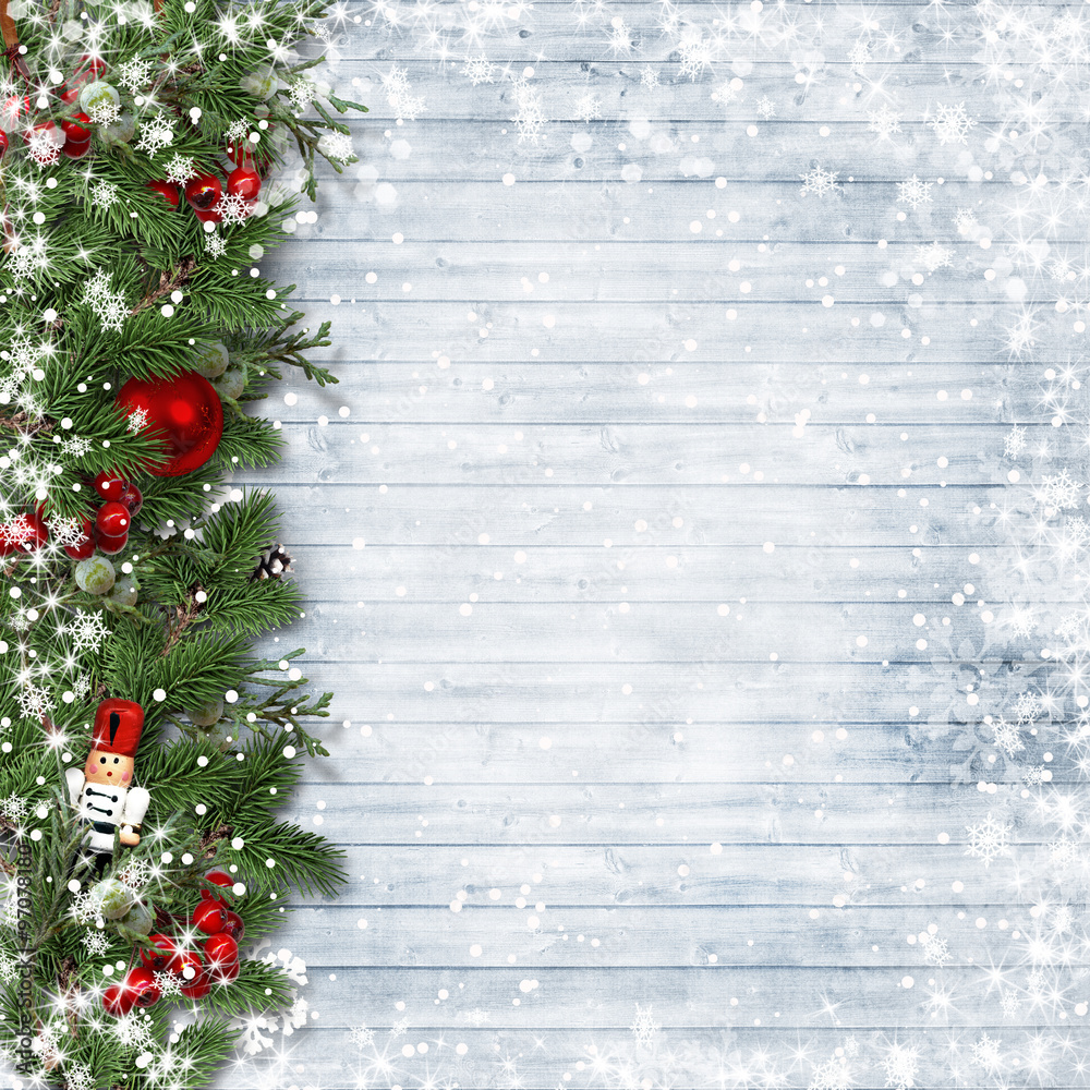 Christmas border with holly and nutcracker on vintage wood. Stock Photo ...