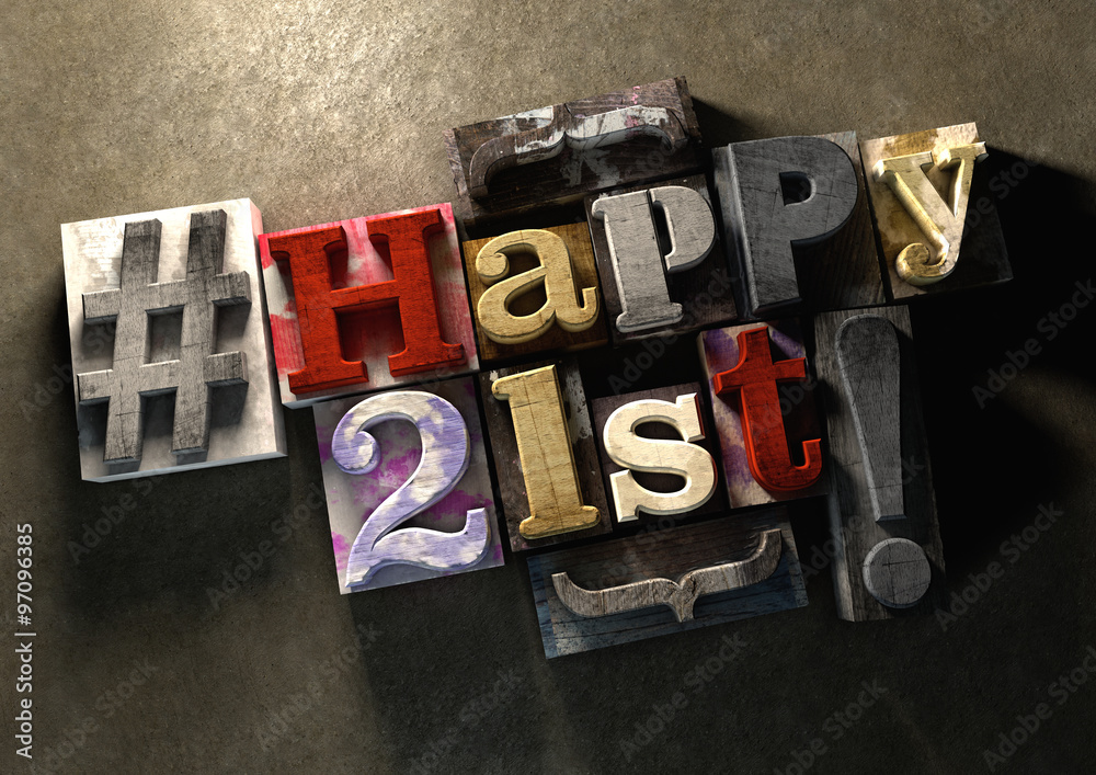 Ink splattered printing wood blocks with Happy 21st birthday typography ...