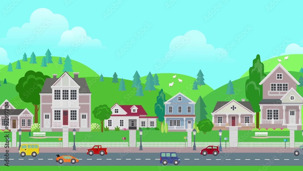 Flat cartoon panoramic city town suburb day with mountains on ...