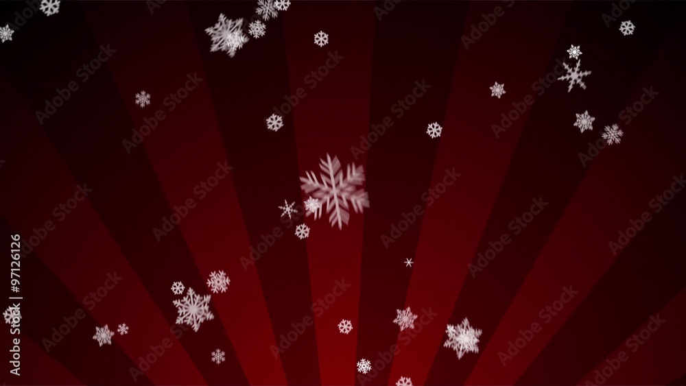 Seamless loop with ornamental snowflakes falling over a deep red ...