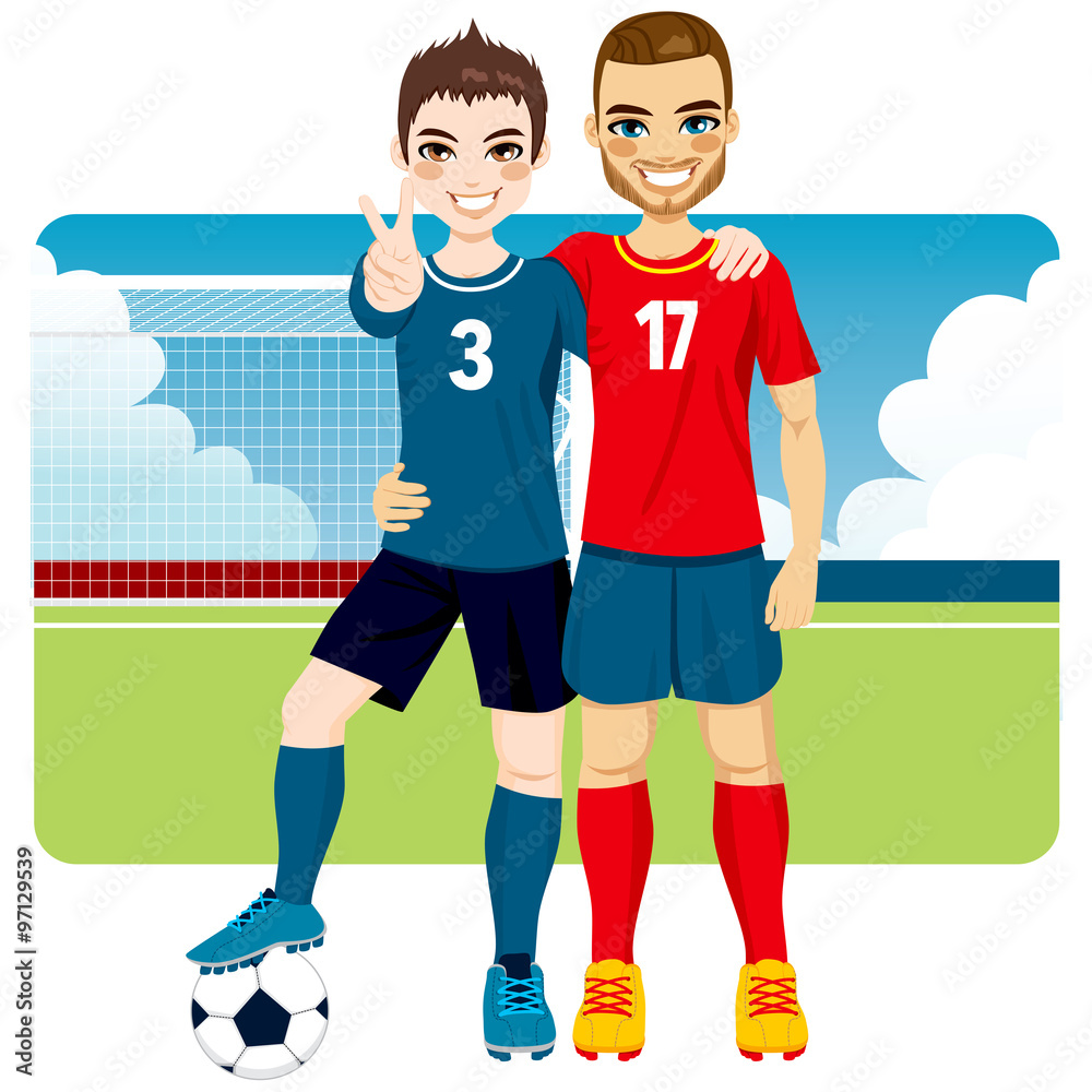 Two soccer players friends and rivals of competing teams together on a ...
