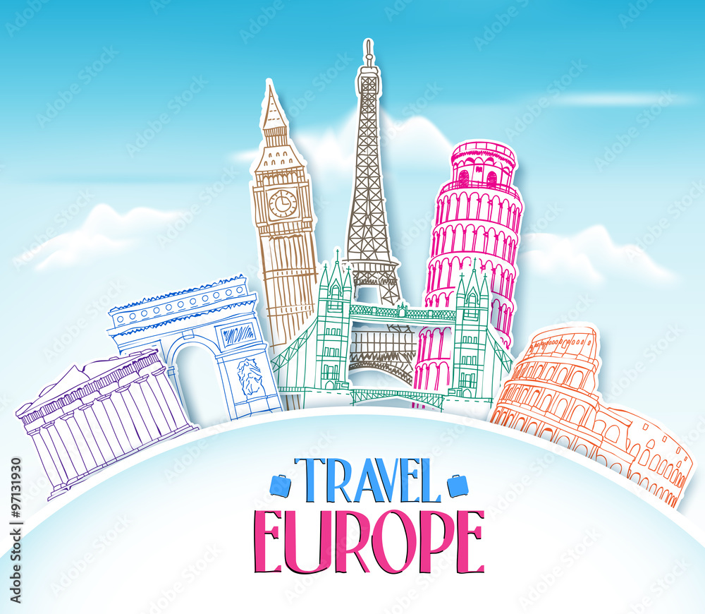 Colorful Travel Europe Hand Drawing in paper Cut with Famous Landmarks ...