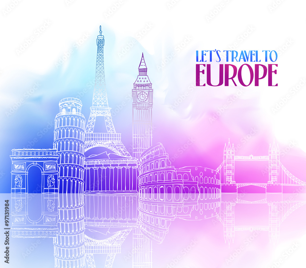 Travel Europe Hand Drawing with Famous Landmarks and Places in Colorful ...