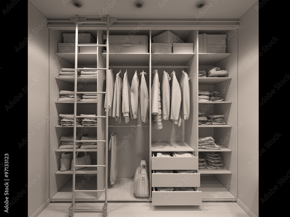 3D illustration of the wardrobe room in light tones. Render without ...