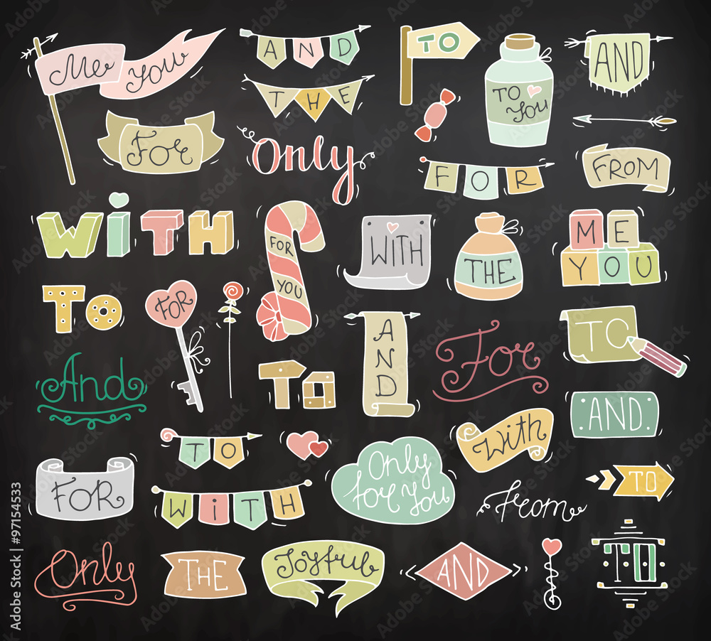 Doodle calligraphic funny catchwords set for romantic design with cute ...