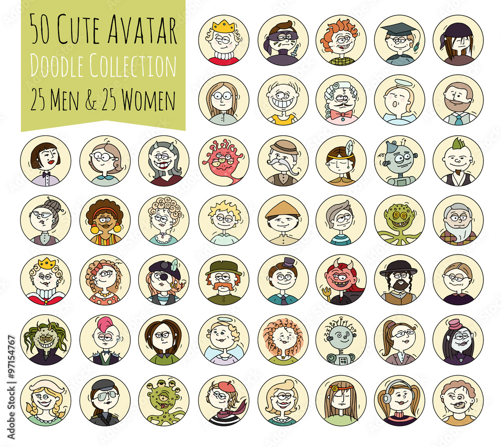 Cartoon funny doodle user avatars. Set of women, men character faces ...