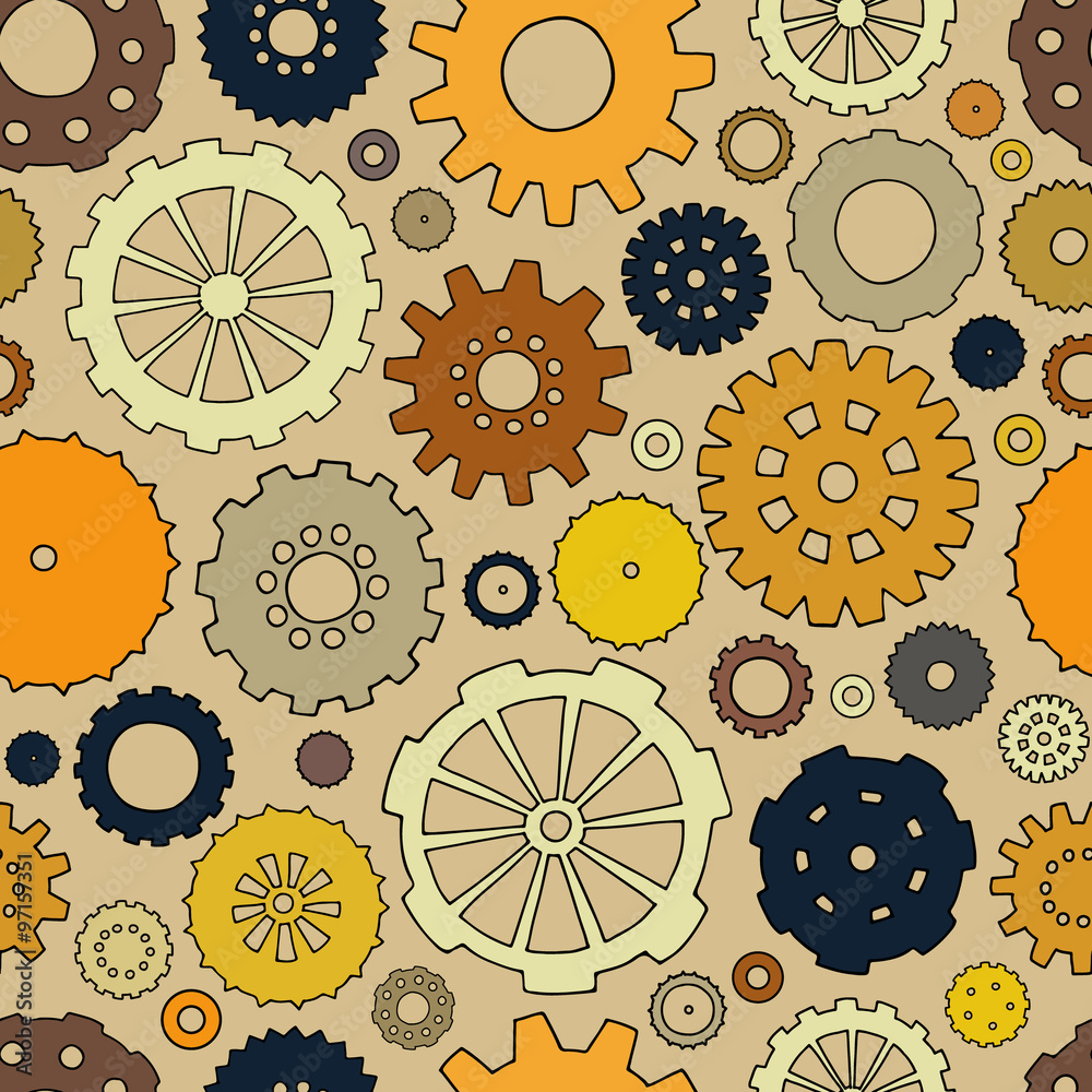 Cartoon bright seamless pattern with doodle gears. Can be used for ...