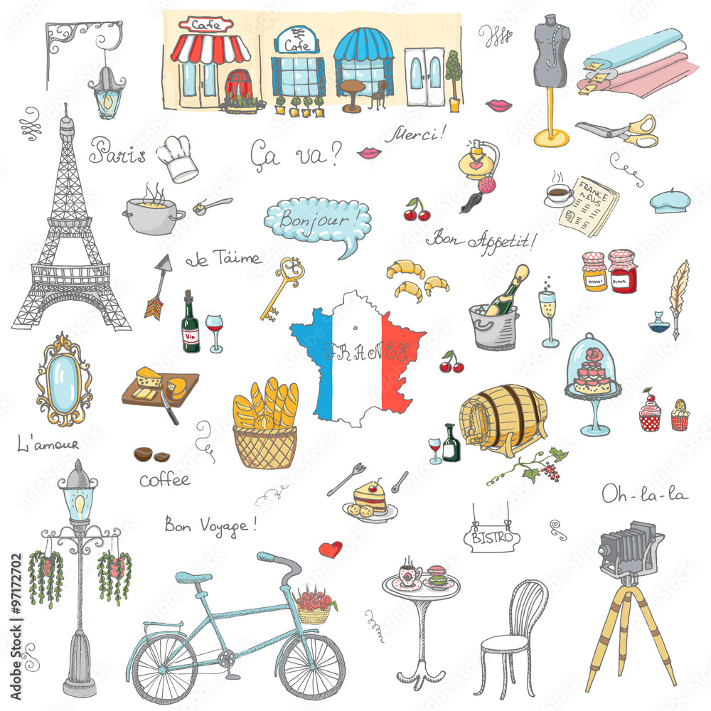 Set of hand drawn French icons, Paris sketch illustration, doodle ...