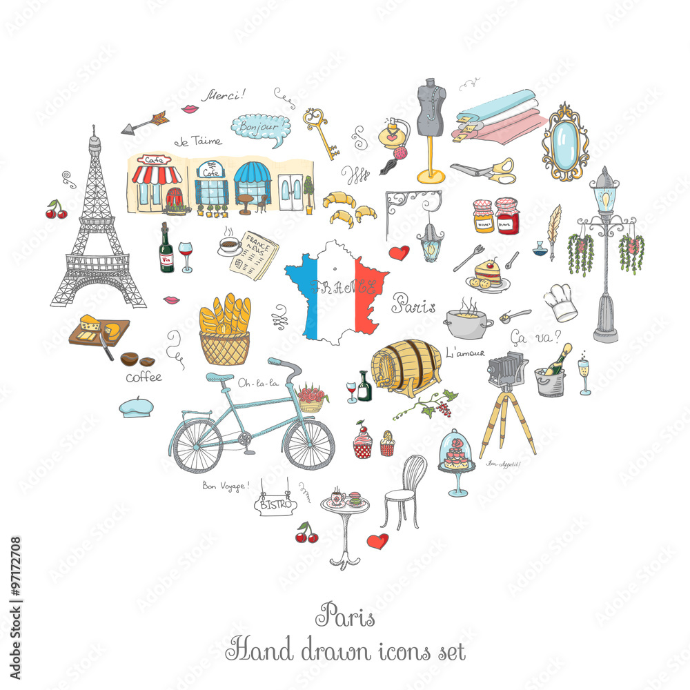 Set of hand drawn French icons, Paris sketch illustration, doodle ...